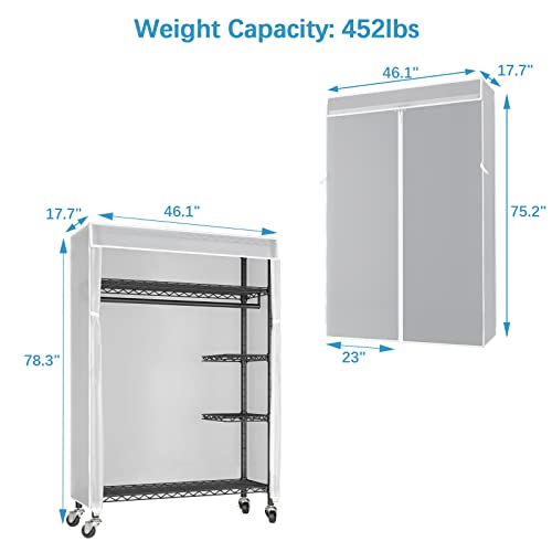 VIPEK V11C Wire Garment Rack Rolling Clothes Rack Heavy Duty Portable Closets with Lockable Wheels Adjustable Wardrobe Black Metal Clothing Rack with Frosted Translucent Cover, Max Load 452LBS