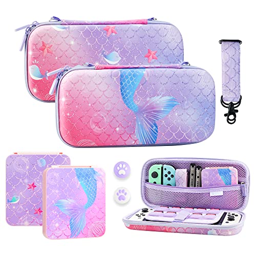 RHOTALL Carrying Case for Nintendo Switch & Switch OLED Cover, Hard Portable Travel Case for Switch Game Accessories with Purple Game Case and 2 Thumb Caps - Fish Tail