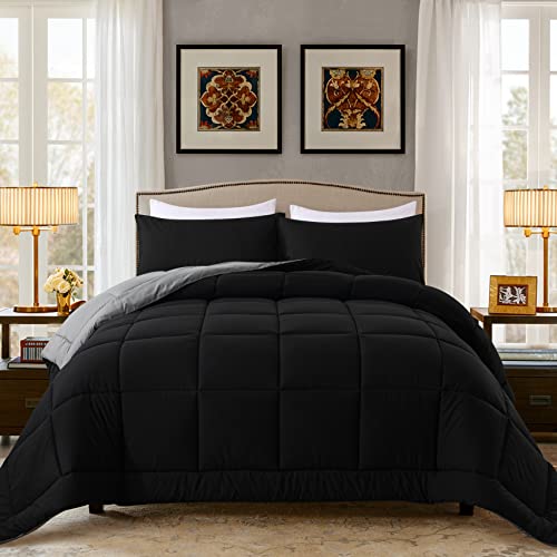 DOWNCOOL Queen Comforter Set -All Season Bedding Comforters Sets with 2 Pillow Cases-3 Pieces Bedding Sets Queen -Down Alternative Black/Grey Queen Size Comforter Sets(88"x90")