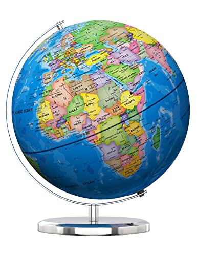 Waldauge 13" World Globe with Stand, Illuminated Educational Globes with HD Printed Map for Kids Classroom Learning, LED Globe Lamp with Stable Heavy Metal Base