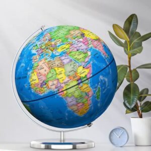 Waldauge 13" World Globe with Stand, Illuminated Educational Globes with HD Printed Map for Kids Classroom Learning, LED Globe Lamp with Stable Heavy Metal Base