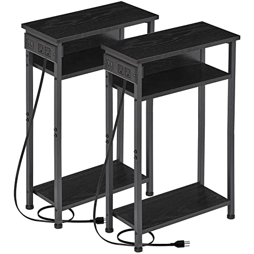 AMHANCIBLE Narrow Side Table with Charging Station, Slim Tables Set of 2, End Table for Small Spaces, 3 Tier Storage Shelf, USB Ports & Power Outlet, Metale Frame HETN03BK