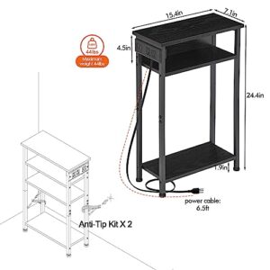 AMHANCIBLE Narrow Side Table with Charging Station, Slim Tables Set of 2, End Table for Small Spaces, 3 Tier Storage Shelf, USB Ports & Power Outlet, Metale Frame HETN03BK