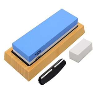 zjnuo whetstone sharpening stone kit dual sided 1000/6000 grit professional whetstone knife sharpener stone wet stone set nonslip rubber&bamboo base angle guide,and fix stone blue/white