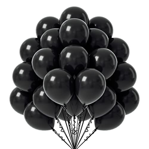 FOTIOMRG Black Balloons 12 inch, 50 Pack Black Latex Party Balloons Helium Quality for Birthday Graduation Baby Shower Halloween Father's Day Party Decorations (with Black Ribbon)