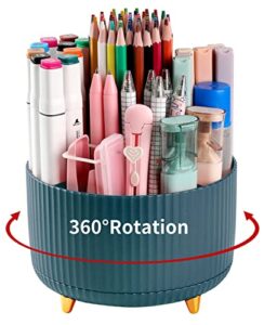 desk pencil pen holder, 5 slots 360°degree rotating pencil pen organizers for desk, desktop storage stationery supplies organizer, cute pencil cup pot for office, school, home, art supply, dark green