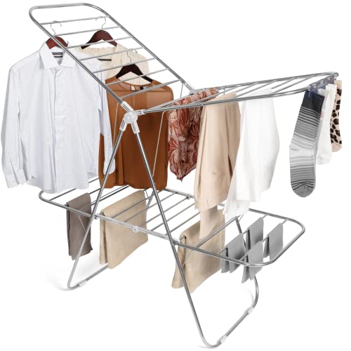 Luxe Laundry Premium Clothes Drying Rack, Foldable 2-Layer Stainless Steel Drying Rack, Free Standing with Height Adjustable Wings, Stainless Steel, Sock Clips, Towel Rack, Clothes, White