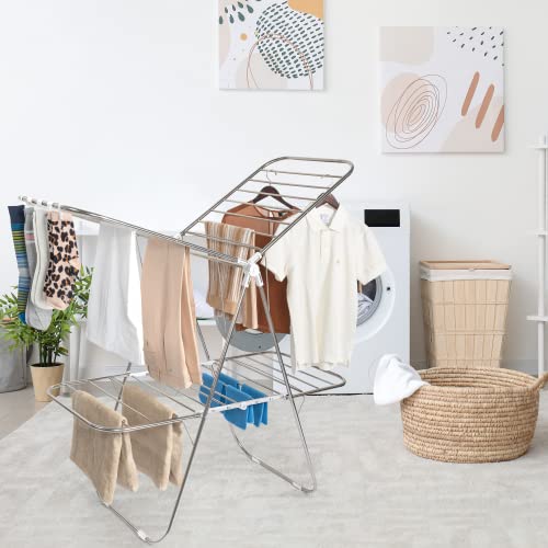 Luxe Laundry Premium Clothes Drying Rack, Foldable 2-Layer Stainless Steel Drying Rack, Free Standing with Height Adjustable Wings, Stainless Steel, Sock Clips, Towel Rack, Clothes, White