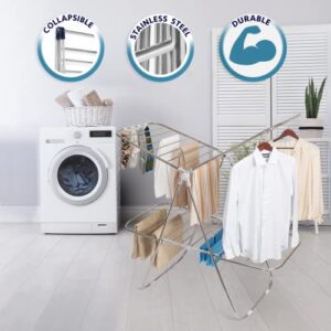 Luxe Laundry Premium Clothes Drying Rack, Foldable 2-Layer Stainless Steel Drying Rack, Free Standing with Height Adjustable Wings, Stainless Steel, Sock Clips, Towel Rack, Clothes, White