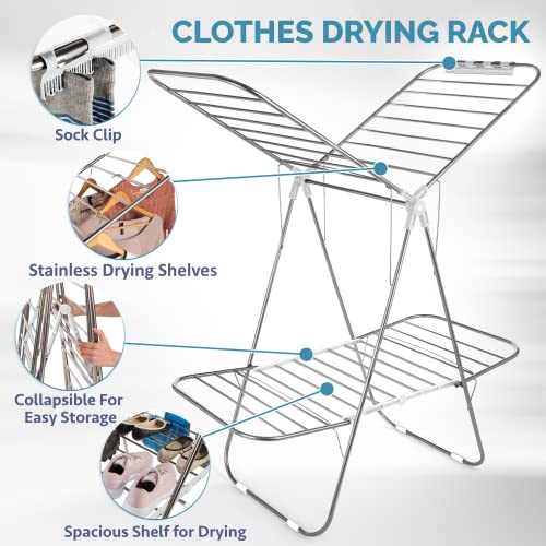 Luxe Laundry Premium Clothes Drying Rack, Foldable 2-Layer Stainless Steel Drying Rack, Free Standing with Height Adjustable Wings, Stainless Steel, Sock Clips, Towel Rack, Clothes, White