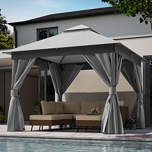 LAUSAINT HOME Outdoor Patio Gazebo 10'x10' with Expansion Bolts, Heavy Duty Party Tent & Shelter with Double Roofs, Mosquito Nettings and Privacy Screens for Backyard, Patio, Garden, Lawn, Smoke Grey