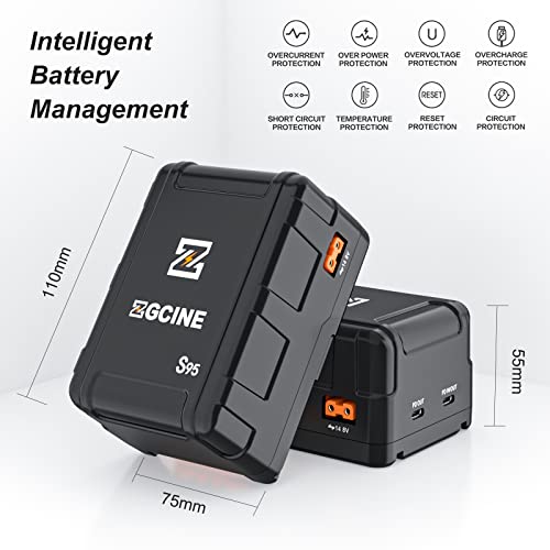 ZGCINE ZG-S95 V Mount Battery, 6400mAh 14.8V V Shape Rechargeable Li-ion Battery, PD Fast Charging for Sony/Photo/Studio/LED Video Light V Lock Battery