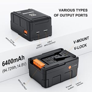 ZGCINE ZG-S95 V Mount Battery, 6400mAh 14.8V V Shape Rechargeable Li-ion Battery, PD Fast Charging for Sony/Photo/Studio/LED Video Light V Lock Battery