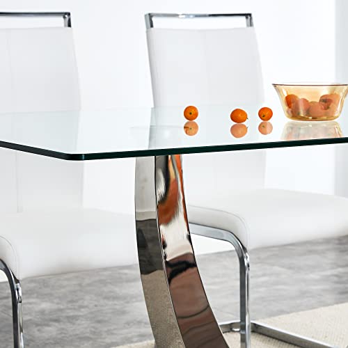 Glass Dining Table for 6 People, 62.8" Modern Kitchen Dining Room Table with Rectangular Tempered Glass Tabletop and U-Shape Pedestal Base,Large Dinner Pedestal Table for Dining Room