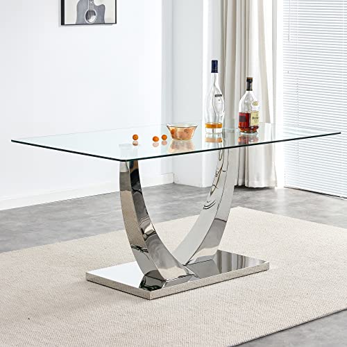 Glass Dining Table for 6 People, 62.8" Modern Kitchen Dining Room Table with Rectangular Tempered Glass Tabletop and U-Shape Pedestal Base,Large Dinner Pedestal Table for Dining Room