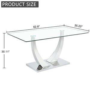 Glass Dining Table for 6 People, 62.8" Modern Kitchen Dining Room Table with Rectangular Tempered Glass Tabletop and U-Shape Pedestal Base,Large Dinner Pedestal Table for Dining Room