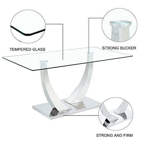 Glass Dining Table for 6 People, 62.8" Modern Kitchen Dining Room Table with Rectangular Tempered Glass Tabletop and U-Shape Pedestal Base,Large Dinner Pedestal Table for Dining Room