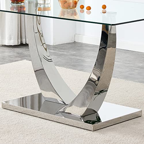 Glass Dining Table for 6 People, 62.8" Modern Kitchen Dining Room Table with Rectangular Tempered Glass Tabletop and U-Shape Pedestal Base,Large Dinner Pedestal Table for Dining Room