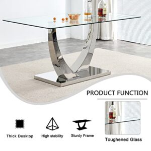 Glass Dining Table for 6 People, 62.8" Modern Kitchen Dining Room Table with Rectangular Tempered Glass Tabletop and U-Shape Pedestal Base,Large Dinner Pedestal Table for Dining Room