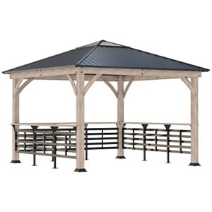 outsunny 11' x 11' hardtop gazebo with metal & acrylic combined roof, wood frame, permanent pavilion grill gazebo with bar counters, ceiling hook, for patio, garden, backyard, deck, lawn