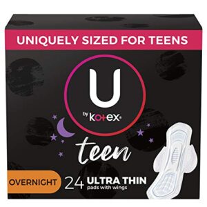 U by Kotex Teen Ultra Thin Feminine Pads with Wings, Overnight, Unscented, 24 Count (Pack of 2)