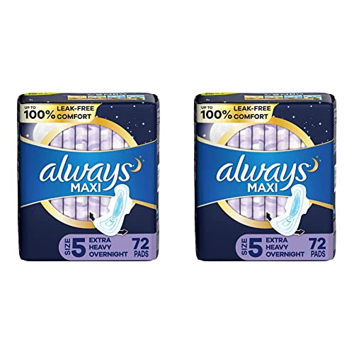 Always Maxi Overnight Pads with Wings, Size 5, Extra Heavy Overnight, Unscented, 72 Count (Pack of 2)