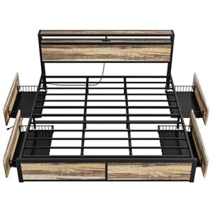 LIKIMIO King Bed Frame with Storage Drawer, 2-Tier Storage Headboard with Charging Station, No Box Spring Needed, Easy Assembly, Rustic Brown