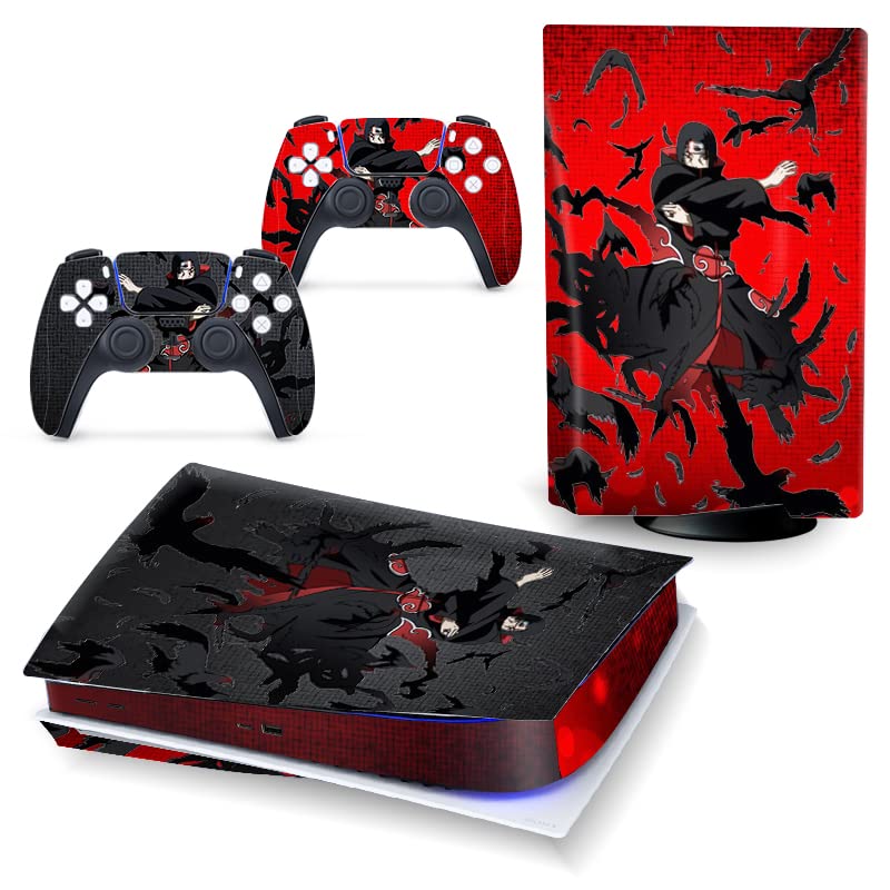 XSUID PS5 Skin - Disc Edition Game Console and Controller Accessories Cover Skins PS5 Controller Skin Gift PS5 Skins for Console Full Set Black and Red PS5 Skin Itachi