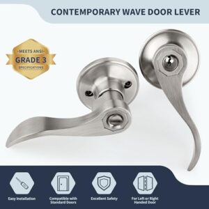 LOQRON Wave Style Door Lever Keyed Entry Door Handle with Lock, Entrance Lever Reversible for Left/Right Handed for Office or Front Door with Satin Nickel Finish, 1 Pack