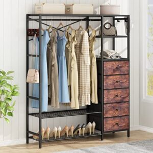 Loomie Heavy Duty Clothes Rack for Hanging Clothes with 5 Shelves & 5 Drawers, Metal Freestanding Clothing Rack with Five Hooks, Garment Rack Closet Wardrobe Rack, 70.87H x 59.06W,Max 900lbs,Rustic