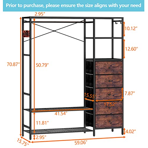 Loomie Heavy Duty Clothes Rack for Hanging Clothes with 5 Shelves & 5 Drawers, Metal Freestanding Clothing Rack with Five Hooks, Garment Rack Closet Wardrobe Rack, 70.87H x 59.06W,Max 900lbs,Rustic