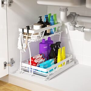 uinofle under sink organizers and storage, pull out cabinet organizer 2 tier slide out sliding shelf under cabinet storage multi-purpose under sink organizer for bathroom kitchen (white)