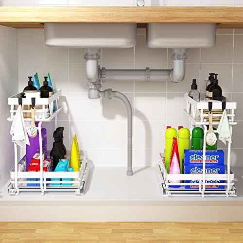 UINOFLE Under Sink Organizers and Storage, Pull Out Cabinet Organizer 2 Tier Slide Out Sliding Shelf Under Cabinet Storage Multi-Purpose Under Sink Organizer for Bathroom Kitchen (White)