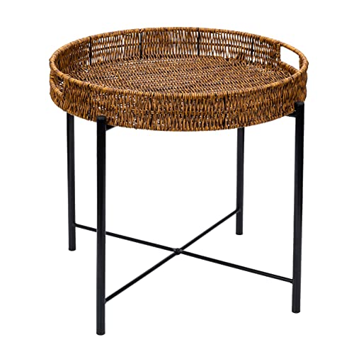 Woven Round End Table Rattan, 19in Small Side Table, Accent Table, Modern Bedside Table,Outdoor Side Tables for Patio,Brown Round End Table for Sofa Living Room Bedroom Office Balcony