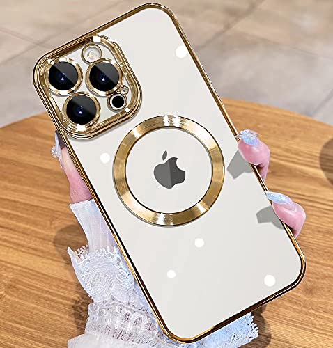 JUESHITUO Magnetic Clear for iPhone 14 Pro Max Case with Full Camera Protection [Never Yellow] [No.1 Strong N52 Magnets] [Military Grade Drop Protection] for Women Girls Phone TPU Case (6.7")-Golden