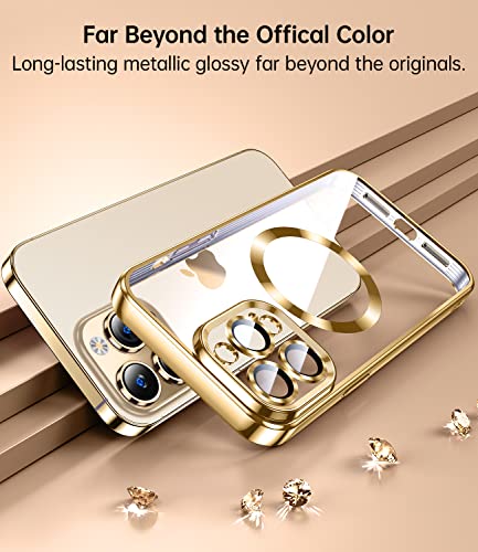 JUESHITUO Magnetic Clear for iPhone 14 Pro Max Case with Full Camera Protection [Never Yellow] [No.1 Strong N52 Magnets] [Military Grade Drop Protection] for Women Girls Phone TPU Case (6.7")-Golden