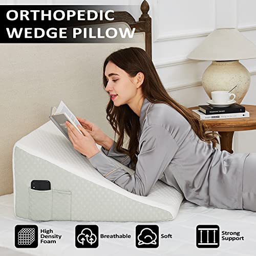 HomeMate Bed Wedge Pillow for Sleeping，Upgraded 12 Inch Foam Wedge Pillow for After Surgery Acid Reflux Snoring Gerd Heartburn，Triangle Pillow Wedge for Head， Back ， Leg Support with Washable Cover