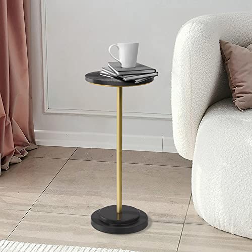 COVLON Drink Table, Weighted Base Pedestal Table, Martini Table,Small Side Table with Wooden Carved Table Top for Living Room, Bedroom, Modern, Gold and Black