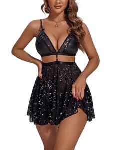 avidlove plus size lingerie lace teddy babydoll v neck lace nighty sleepwear flocking nightdress black star xxl