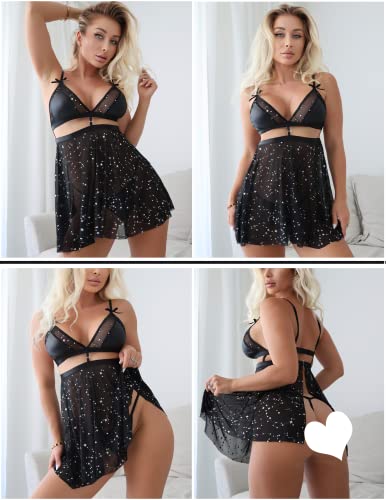 Avidlove Plus Size Lingerie Lace Teddy Babydoll V Neck Lace Nighty Sleepwear Flocking Nightdress Black Star XXL