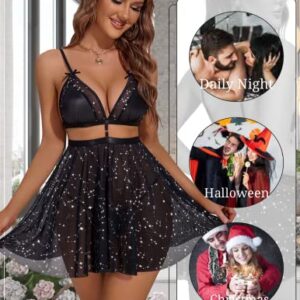 Avidlove Plus Size Lingerie Lace Teddy Babydoll V Neck Lace Nighty Sleepwear Flocking Nightdress Black Star XXL