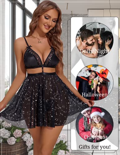 Avidlove Plus Size Lingerie Lace Teddy Babydoll V Neck Lace Nighty Sleepwear Flocking Nightdress Black Star XXL