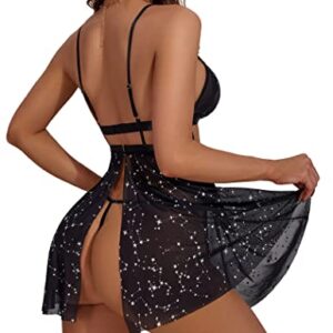 Avidlove Plus Size Lingerie Lace Teddy Babydoll V Neck Lace Nighty Sleepwear Flocking Nightdress Black Star XXL