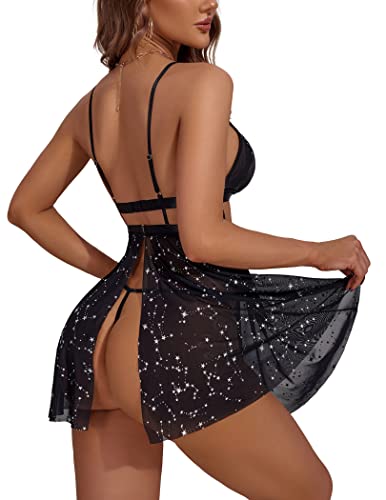 Avidlove Plus Size Lingerie Lace Teddy Babydoll V Neck Lace Nighty Sleepwear Flocking Nightdress Black Star XXL