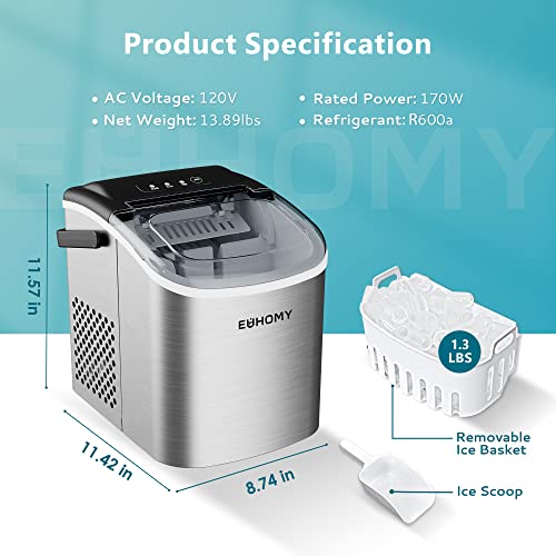 EUHOMY Countertop Ice Maker Machine with Handle, 26lbs in 24Hrs, 9 Ice Cubes Ready in 6 Mins, Auto-Cleaning Portable Ice Maker with Basket and Scoop, for Home/Kitchen/Camping/RV. (Silver)