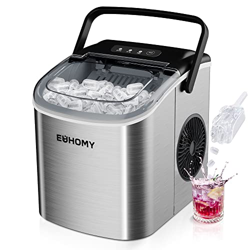 EUHOMY Countertop Ice Maker Machine with Handle, 26lbs in 24Hrs, 9 Ice Cubes Ready in 6 Mins, Auto-Cleaning Portable Ice Maker with Basket and Scoop, for Home/Kitchen/Camping/RV. (Silver)