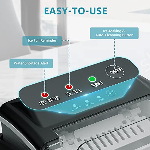 EUHOMY Countertop Ice Maker Machine with Handle, 26lbs in 24Hrs, 9 Ice Cubes Ready in 6 Mins, Auto-Cleaning Portable Ice Maker with Basket and Scoop, for Home/Kitchen/Camping/RV. (Silver)