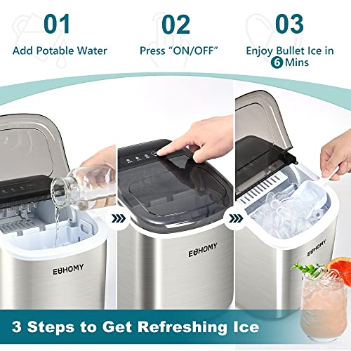 EUHOMY Countertop Ice Maker Machine with Handle, 26lbs in 24Hrs, 9 Ice Cubes Ready in 6 Mins, Auto-Cleaning Portable Ice Maker with Basket and Scoop, for Home/Kitchen/Camping/RV. (Silver)