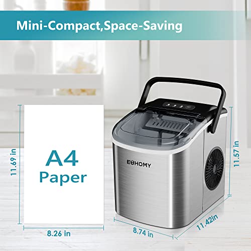 EUHOMY Countertop Ice Maker Machine with Handle, 26lbs in 24Hrs, 9 Ice Cubes Ready in 6 Mins, Auto-Cleaning Portable Ice Maker with Basket and Scoop, for Home/Kitchen/Camping/RV. (Silver)