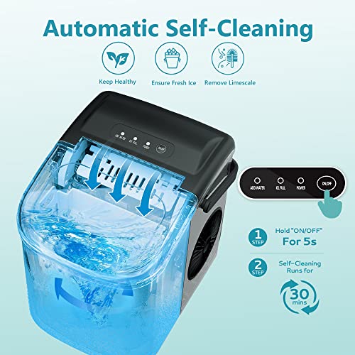 EUHOMY Countertop Ice Maker Machine with Handle, 26lbs in 24Hrs, 9 Ice Cubes Ready in 6 Mins, Auto-Cleaning Portable Ice Maker with Basket and Scoop, for Home/Kitchen/Camping/RV. (Silver)